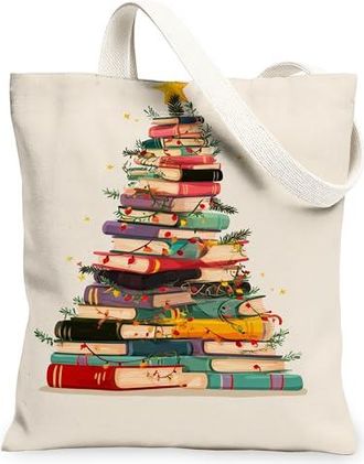 Generic Sacs fourre-tout en toile avec motif de livres de No&euml;l, sacs r&eacute;utilisables, vintage artistique, l&eacute;ger, lavable, beige, 13x15 Inch