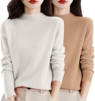 Generic Pull pour femme - Pull ample doux et confortable - &Eacute;lastique &agrave; manches longues - Couleur unie - Col roul&eacute; - Pour lautomne et lhiver 2025, blanc, XXL