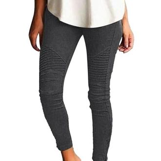 Generic Pantalon de travail pour femme, jegging motard skinny avec fermeture &eacute;clair &agrave; la cheville, taille pliss&eacute;e, pantalon crayon &agrave; enfiler, pantalon doux en