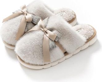 Generic Chaussons Femme Hiver &Agrave; Ruban Confortables Chaussons Maison Flous avec Doublure Plush, Semelle Anti-D&eacute;rapante Silencieuse Et Mousse M&eacute;moire pour Chamb