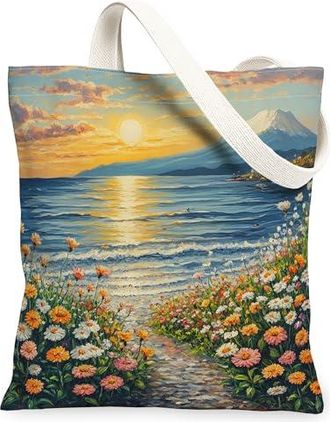 Generic Spring Zinnia Sac fourre-tout en toile pour le shopping 33 x 38 cm, motif floral, mer, montagne, sac d&eacute;picerie r&eacute;utilisable pour femme, motif floral, 