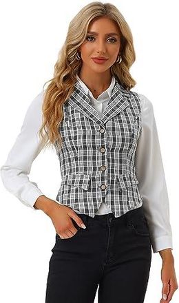 Allegra K Gilet &agrave; carreaux pour femmes, col &agrave; revers crant&eacute;, gilet vintage &agrave; simple boutonnage Noir XS