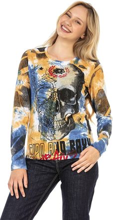 Cipo & Baxx Damen Sweatshirt Langarm WL283 Mustard - Stylischer Pullover mit Print & Verzierungen - Bequemer Alltags-Look f&uuml;r Freizeit, Schule & Streetwear Outfit