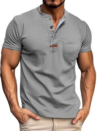 Generic T-shirt d&eacute;contract&eacute; pour homme, ample, tendance, couleur unie, col rond, poche, haut &agrave; manches courtes, polyester &eacute;lasthanne, gris, 3XL