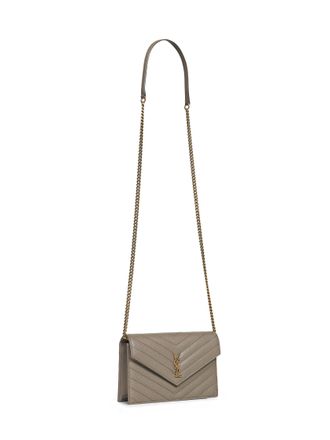 Saint Laurent Womens Chain Wallet Cassandre Envelope Calfskin Grey Bag