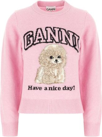 Ganni Graphic Wool Mix Poodle Crewneck - - Knitwear - Damen - Rosa - L