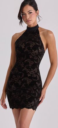 House of CB Natalya - Hochgeschlossenes Spitzen-Minikleid in Schwarz mit abnehmbarer Schleife