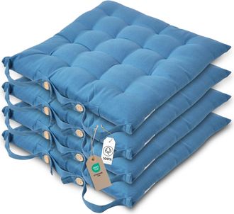 Homescapes 4er Set Stuhlkissen 40x40 cm blau - Sitzkissen Outdoor/Indoor mit Baumwollbezug, Sitzpolster waschbar und Oeko-TEX-Zertifiziert f&uuml;r Esszimmer-, K&uuml;chen
