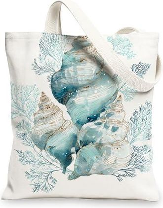 Generic Sacs fourre-tout en toile de coquillages, sacs dépicerie réutilisables, légers et lavables avec bandoulière en toile, blanc, 13x15 Inch