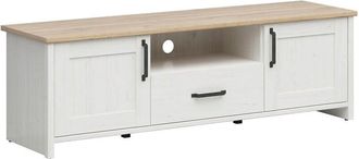 PEGANE Meuble TV avec 2 portes et un tiroir, coloris Blanc pin andersen/Ch&ecirc;ne clair - Longueur 160 x Profondeur 44 x Hauteur 50,5 cm