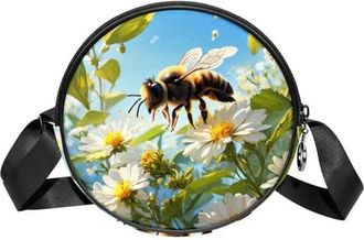 Generic Sac &agrave; bandouli&egrave;re rond pour femme, motif abeille, petit sac &agrave; bandouli&egrave;re avec fermeture &eacute;clair, bretelles r&eacute;glables, sac &agrave; main rond d&eacute;contract&eacute; pour