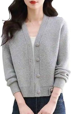 Generic Pull court &agrave; col en V pour femme - Cardigan de printemps en tricot - Petit manteau, gris, Taille XS