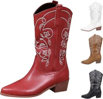 Generic Bottes de cowboy pour femme, bottes de cowgirl à talon bloc, cuir PU, mi-large, chaussures de mariage occidentales, bottines de cowgirl à talon épais 