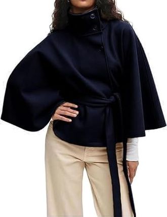 Generic Capes à col montant et ceinture tendance pour lautomne, manteaux en laine avec col ceinturé élégant pour femmes, pardessus dhiver court, bleu marine, 