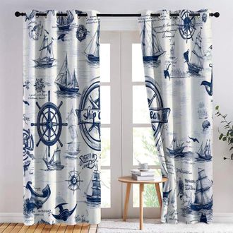 Generic Gardinen H215 x B110 cm (2er Pack) Verdunkelungsvorh&auml;nge mit &Ouml;sen Aufdruck Mit Vintage Kompass Schiff Muster Superweich Vorh&auml;nge Blickdicht Gardinen f