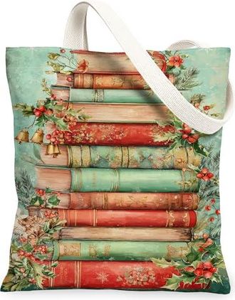 Generic Sacs fourre-tout en toile vintage de No&euml;l, motif floral, sacs d&eacute;picerie r&eacute;utilisables, rustiques, l&eacute;gers et lavables avec bandouli&egrave;re Ca, Rouge, 13x15