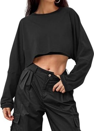ORANDESIGNE Sweat Court Femme Chic Manche Longue Mode Crop Top Cropped Sweat-Shirt D&eacute;contract&eacute;e L&acirc;che Hauts Y2K Streetwear A Noir XS
