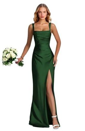 Generic Robe de demoiselle dhonneur en satin pour femme - Robe de bal sir&egrave;ne - Bretelles spaghetti - Corset long pliss&eacute; - Robe de soir&eacute;e formelle avec fente, 