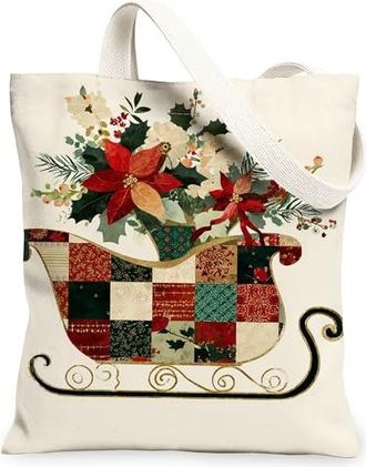 Generic Sacs fourre-tout en toile de No&euml;l, motif poinsettia, r&eacute;utilisables, vintage, l&eacute;gers et lavables pour les voyages, cr&egrave;me, 13x15 Inch