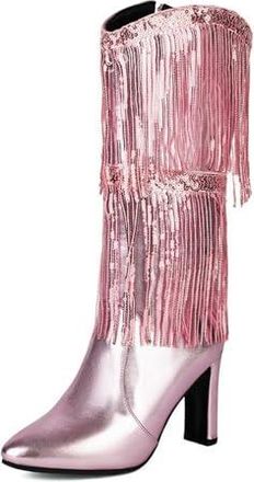 Generic Bottes à talons hauts métalliques western bout pointu mi-mollet fermeture éclair latérale avec pompons paillettes décorées, rose, 39.5 EU