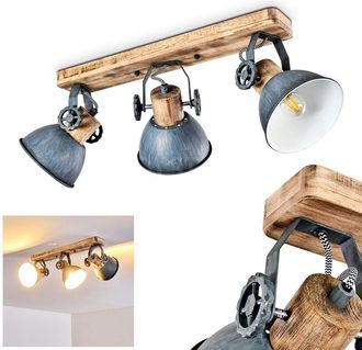 HOFSTEIN Deckenleuchte Orny, 3-flammig, mit verstellbaren Strahlern, Deckenlampe aus Metall/Holz in Grau/Weiß/Braun, 3 x E27-Fassung, Spot im Retro/Vintage Des