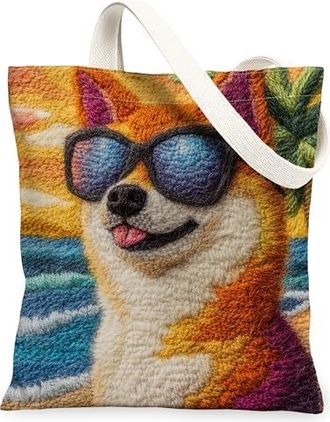 Generic Sac fourre-tout d&eacute;t&eacute; en toile motif chien Shiba Inu pour faire du shopping, 33 x 38,1 cm, sac r&eacute;utilisable &agrave; motif imprim&eacute; de chiot c&ocirc;tier pour femme,