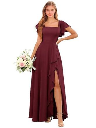 Generic Robe de demoiselle dhonneur à manches courtes en mousseline de soie avec fente et col carré, robe dinvitée de mariage, robe formelle pour mariage, mûr