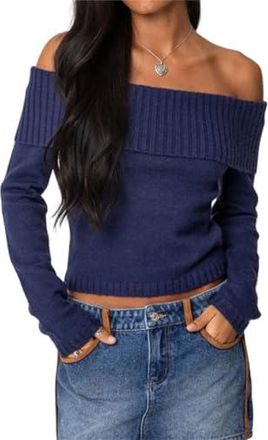 Generic Pull &agrave; &eacute;paules d&eacute;nud&eacute;es pour femme, manches longues en tricot c&ocirc;tel&eacute; pull court pour femme Y2k Tops pulls tendance streetwear, bleu, S