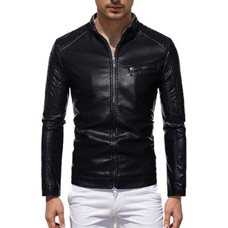 Generic Veste bomber en cuir &eacute;pais doubl&eacute; polaire chaude pour homme en cuir v&eacute;ritable fausse fourrure unie coupe ajust&eacute;e d&eacute;contract&eacute;e manteau dhiver col monta