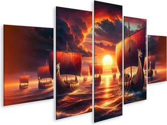 Islandburner Prime Bild auf Leinwand Wikinger Schiffe bei Sonnenuntergang auf offener See - Leinwand 170x80cm - 5 Teile