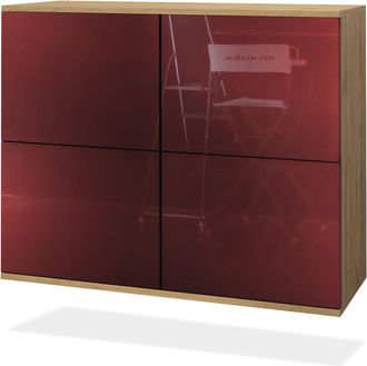 Vladon Kommode Rova V3, Moderner Küchenschrank mit 4 Push-to-Open Türen Eiche Evoke/Bordeaux Hochglanz (92,5 x 73.5 x 35)