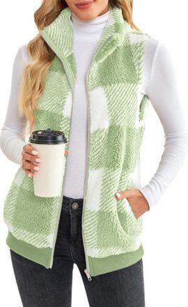 EUDOLAH Damens Fleece Weste mit Rei&szlig;verschluss im Karo-Muster Warme Steppweste mit Stehkragen in Langer Weiter Passform f&uuml;r Winter und Freizeit(XXL,Hellgr&uuml;n)