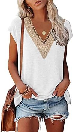 OLIPHEE Femme T-Shirt Col V avec Dentelle T-Shirt Blouse À Manches Courtes Élégant Et Confortable Imprimé avec des Motifs Floraux Blanc XXL