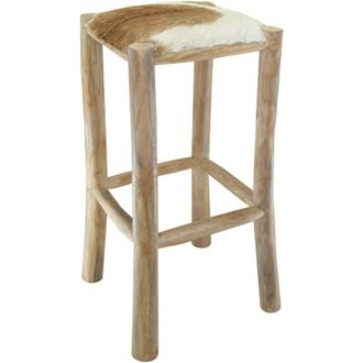 vidaXL Vidaxl - Tabouret de bar en cuir de ch&egrave;vre v&eacute;ritable - Cadre en teck solide - Si&egrave;ge rembourr&eacute; 34 x 34 cm - Hauteur 76 cm - Poids max 110 kg