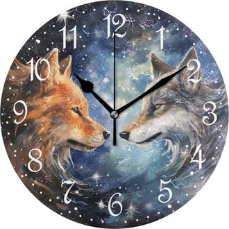 Mnsruu Wanduhr Wolf Fuchs, leise, nicht tickend, dekorative Wanduhren, batteriebetrieben, 25 x 25 cm
