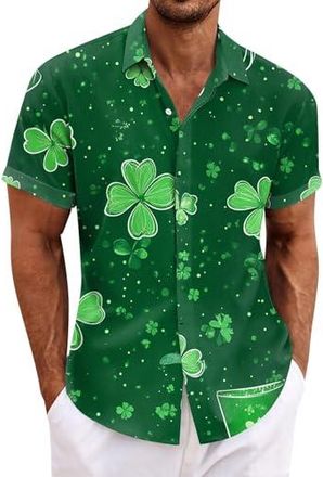 Generic Chemise de la St Patrick pour homme, t-shirt hawa&iuml;en irlandais avec tr&egrave;fle porte-bonheur, chemisier &agrave; boutons &agrave; manches courtes, haut ample d&eacute;contract