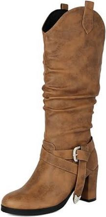 Generic Bottes western pour femme - Talon haut - Bout rond - Sangle &agrave; boucle - Chaussures dhiver &agrave; enfiler, marron, 40.5 EU