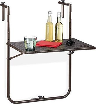 Relaxdays Balkonh&auml;ngetisch klappbar, 3-Fach h&ouml;henverstellbar, Rattan-Optik, wetterfest, Tisch BxT 59,5 x 36 cm, braun