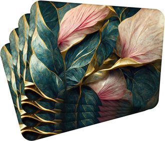 MG Design Set aus 4 Kork-Platzsets - Leaves with Gold 1 - 30 x 40 cm - hitzebeständig & abwischbar, mit Korkrückseite