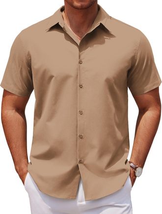 Coofandy Herren Hemd Kurzarm Businesshemd Kurzarmhemd Freizeithemd Arbeitshemd Sommerhemd Button Down Anzug Hemd Atmungsaktive Shirts Khaki XL