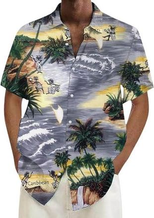 Generic Chemise hawa&iuml;enne d&eacute;t&eacute; pour homme - Motif palmier hawa&iuml;en des Cara&iuml;bes - Chemise amusante &agrave; manches courtes boutonn&eacute;e - Coupe ample - Style cubain - S