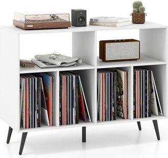 Costway GOPLUS Meuble Vinyle &agrave; 3 Niveaux pour Disques Vinyles, 100 x 40 x 74,5 CM, Meuble Platine Vinyle avec Support Tourne-disque, 5 Pieds en M&eacute;tal et 2 Dis