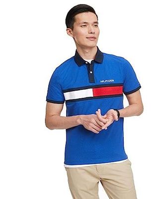 Tommy Hilfiger Mens Short Sleeve Cotton Pique Flag Graphic in Custom Fit Polo Shirt, Mazarine Blue, Medium US