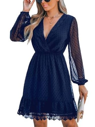 Cupshe Robe pour femme en dentelle - Col en V profond - Transparent - Manches longues - Robe d&eacute;contract&eacute;e - Volants - Ligne A - &Eacute;l&eacute;gante - Mini robe dautomne