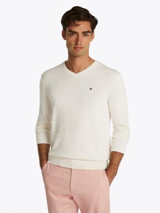 Tommy Hilfiger Strickpullover ESSENTIAL COTTON V NECK mit V-Ausschnitt und Stickerei unifarben, casual, regular fit, Baumwolle, V-Ausschnitt