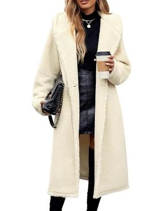 Generic Manteau &agrave; capuche en polaire pelucheuse pour lhiver - Cardigan long - Chaud - Fausse fourrure - Avec poches - Pour femme, beige, M