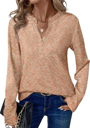 Dokotoo Damen Pullover Elegant V-Ausschnitt Langarmshirt Weich Waffelstrick Sweatshirt Herbst Winter Locker Oberteile Strickpullover Pulli, orange, S