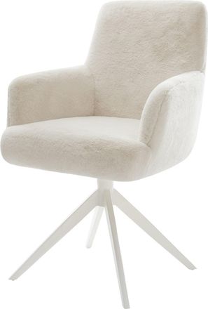 DELIFE Esszimmerstuhl Heira-Flex mit Armlehnen Kreuzgestell breit Wei&szlig; Pl&uuml;sch Creme-Wei&szlig; 360&deg; drehbar Wippfunktion Taschenfederkern