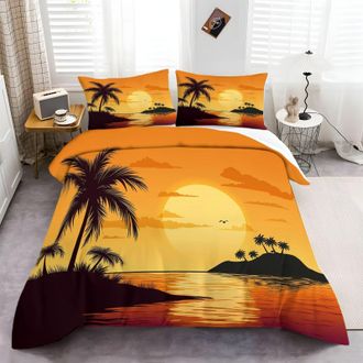 Generic Bettbezug 155 × 220 cm, 3 Stück Abbildung Palmen Deluxe Bettwäsche Set aus Mikrofaser Pflegeleicht Bettbezug Mit verstecktem Reißverschluss Orange Sch