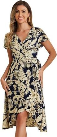 Allegra K Robe Portefeuille mi-Longue ajustée et évasée à Fleurs Tropicales dété pour Femmes Bleu Marin S